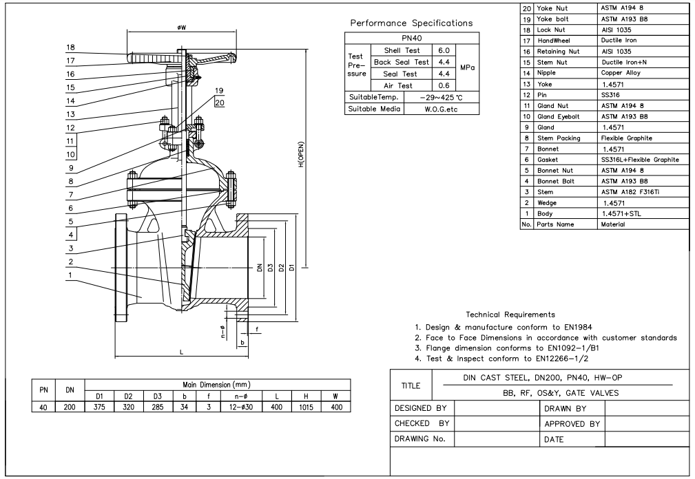 DN200 PN40 Cast Steel Gate Valve EN1984 HW-OP BB RF OS&Y,Valve ...